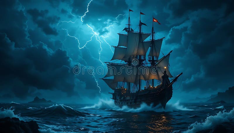 Majestic Sailing Ship Battling a Stormy Sea Under Lightning-filled Sky ...