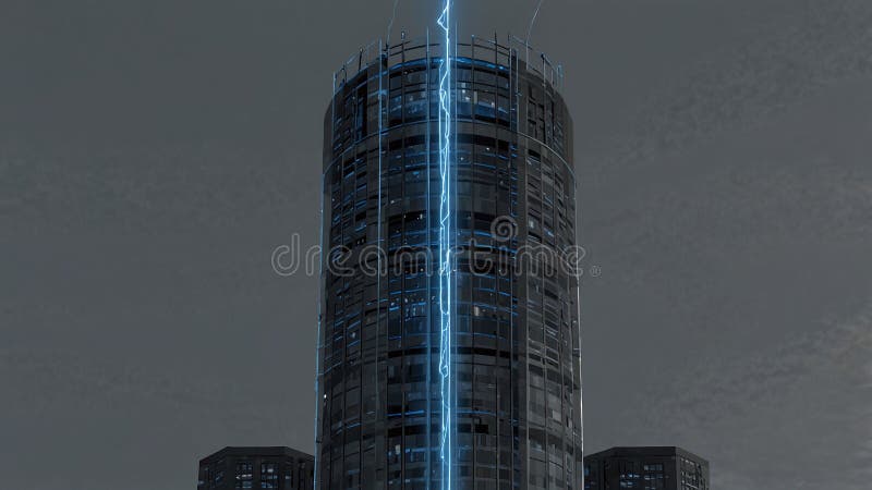 Tall Skyscraper with Blue Lightning Strike Against a Gray Sky at Night ...