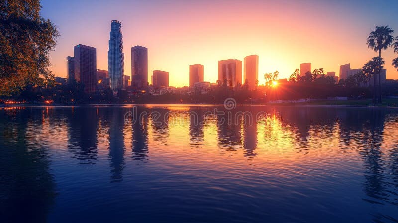 Tall Skyscrapers Reflecting in a Calm Lake during Sunset. Stock Image ...
