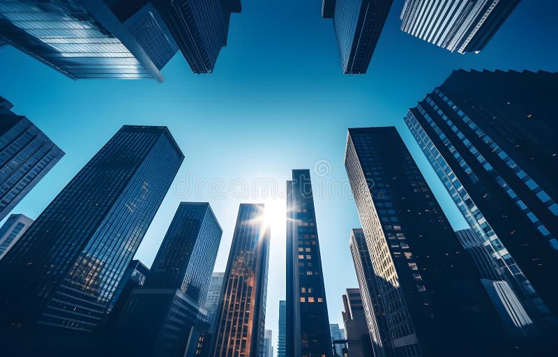 Tall Skyscrapers Shot Perspective Light Blue Tone Stock Illustration ...