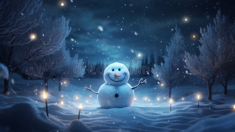 Tall Snowman at Winter Cold Night in the Park Outdoors. Neural Network ...