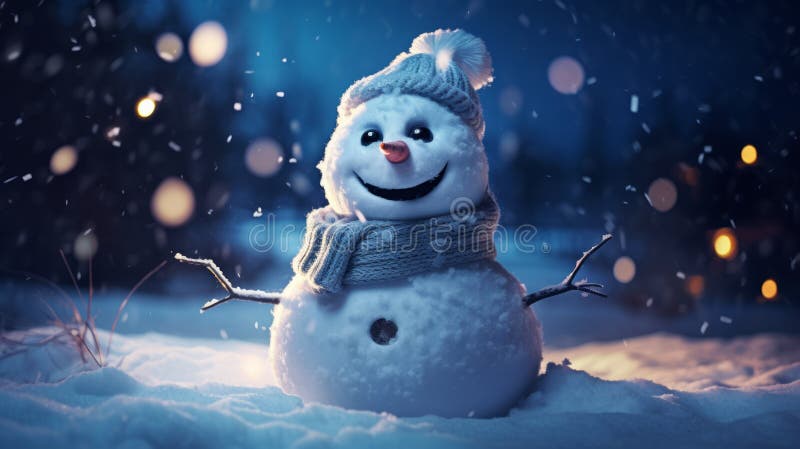Tall Snowman at Winter Cold Night in the Park Outdoors. Neural Network ...