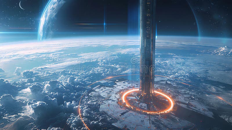 A Tall Space Elevator Standing on the Earth S Surface, Stock ...