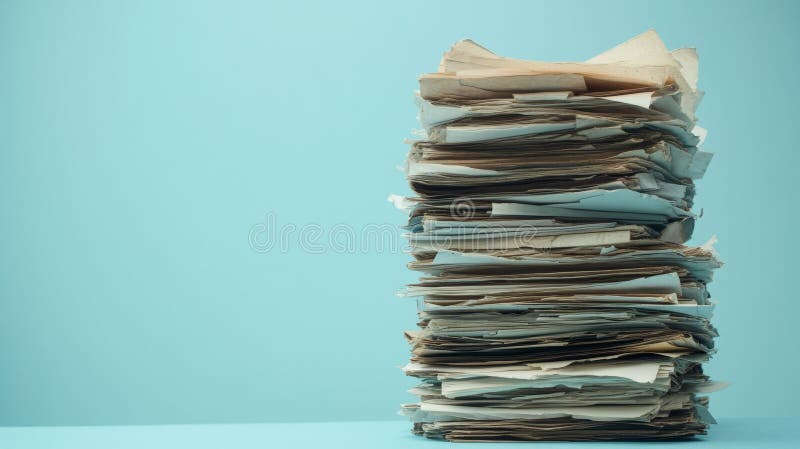 Tall Stack of Aged Documents on Blue Background, Paper, Archive ...