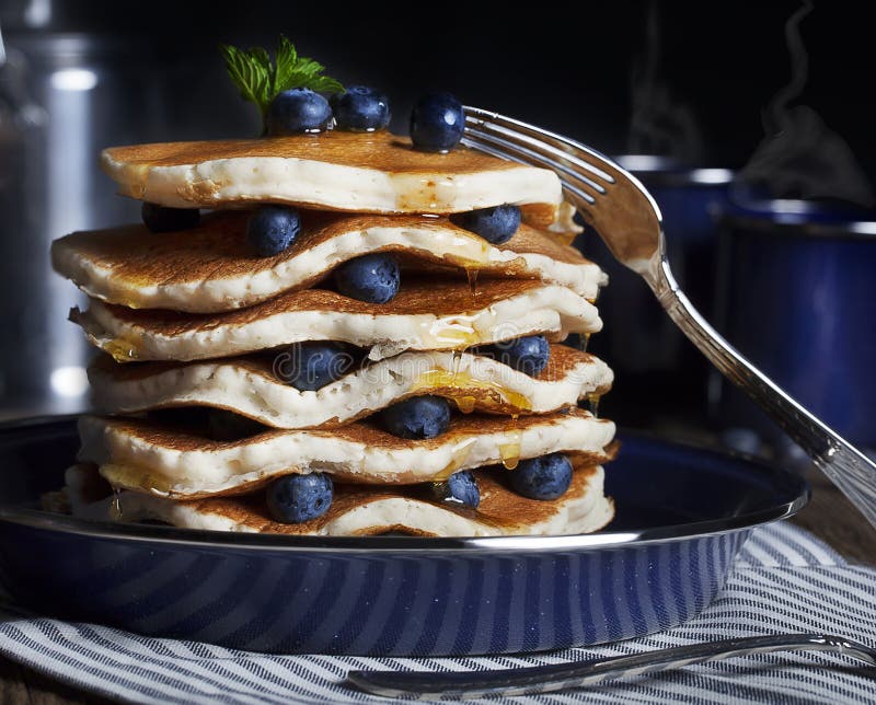 Tall Stack Blueberry Pancakes 2 Stock Image - Image of blueberry, fork ...