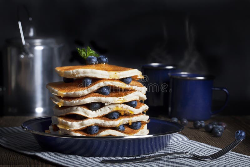 Tall Stack Blueberry Pancakes Stock Photo - Image of blueberry, mugs ...