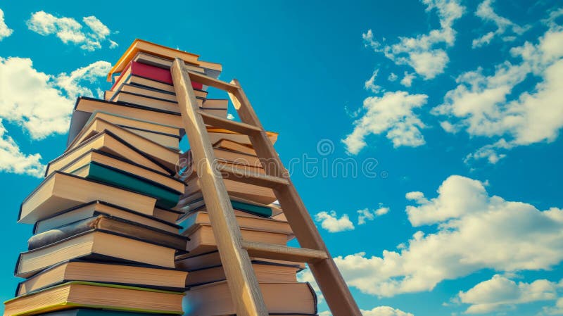 Tall Stack of Books Against Blue Sky Stock Image - Image of learning ...