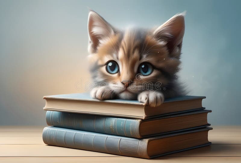 Tall Stack of Books and Cute Kitten, Concept Education and Study Stock ...