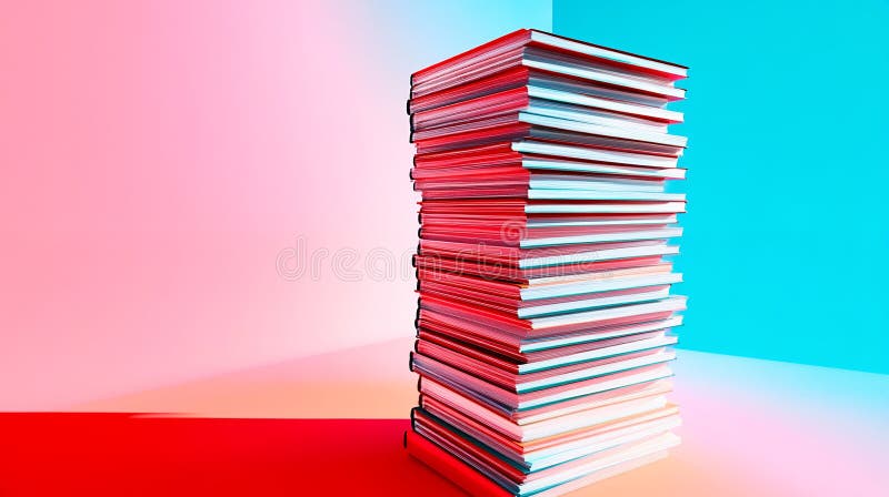 A Tall Stack of Books with Pink and Blue Background Creating a Colorful ...