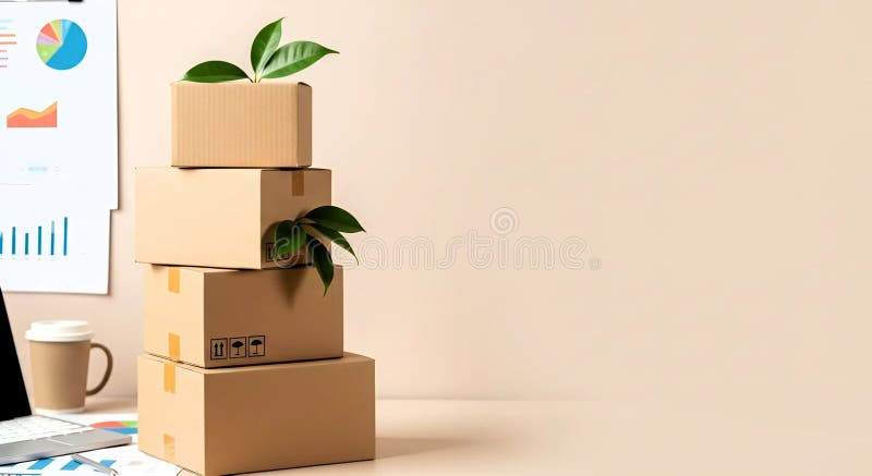 Tall Stack of Cardboard Boxes with Green Leaves Peeking Out Stock ...