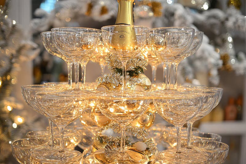 A Tall Stack of Champagne Glasses with a Lit Candle in the Middle Stock ...