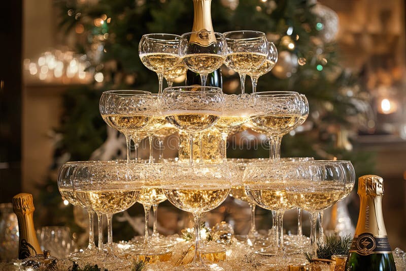 A Tall Stack of Champagne Glasses with a Tree in the Background Stock ...