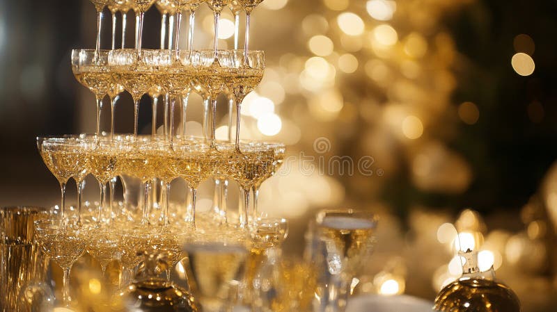 A Tall Stack of Champagne Glasses with a Tree in the Background Stock ...
