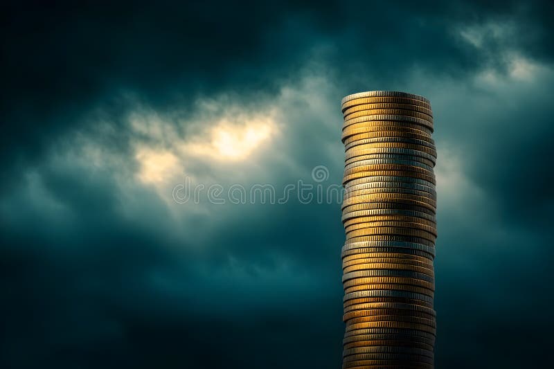 Tall Stack of Coins Against Dramatic Cloudy Sky Stock Image - Image of ...