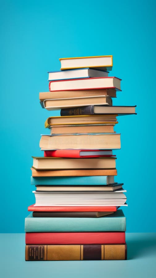 A Tall Stack of Colorful Books on a Blue Background in Portrait Format ...