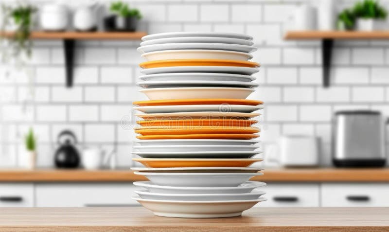 Tall Stack of Colorful Plates in a Modern Kitchen Stock Illustration ...