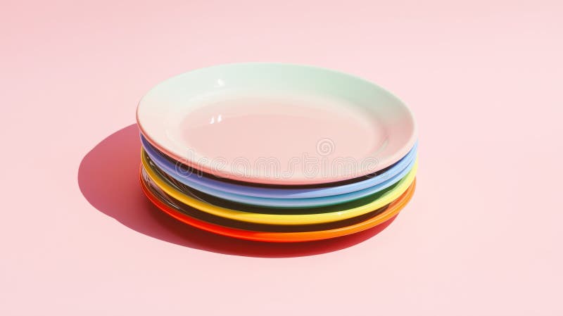 Tall Stack Colorful Plates Pink Background Stock Photos - Free ...