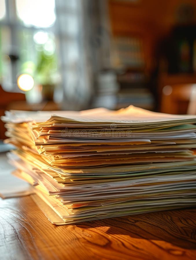 A Tall Stack of Documents on a Wooden Desk in a Cozy Room. Stock Image ...