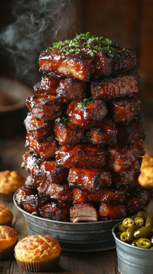 Tall Stack of Glazed BBQ Ribs with Herbs on Rustic Table. Stock Photo ...