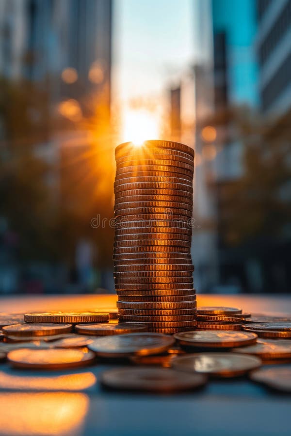Stack of Gold Coins Illuminated by Sunlight, with a Blurred Cityscape ...