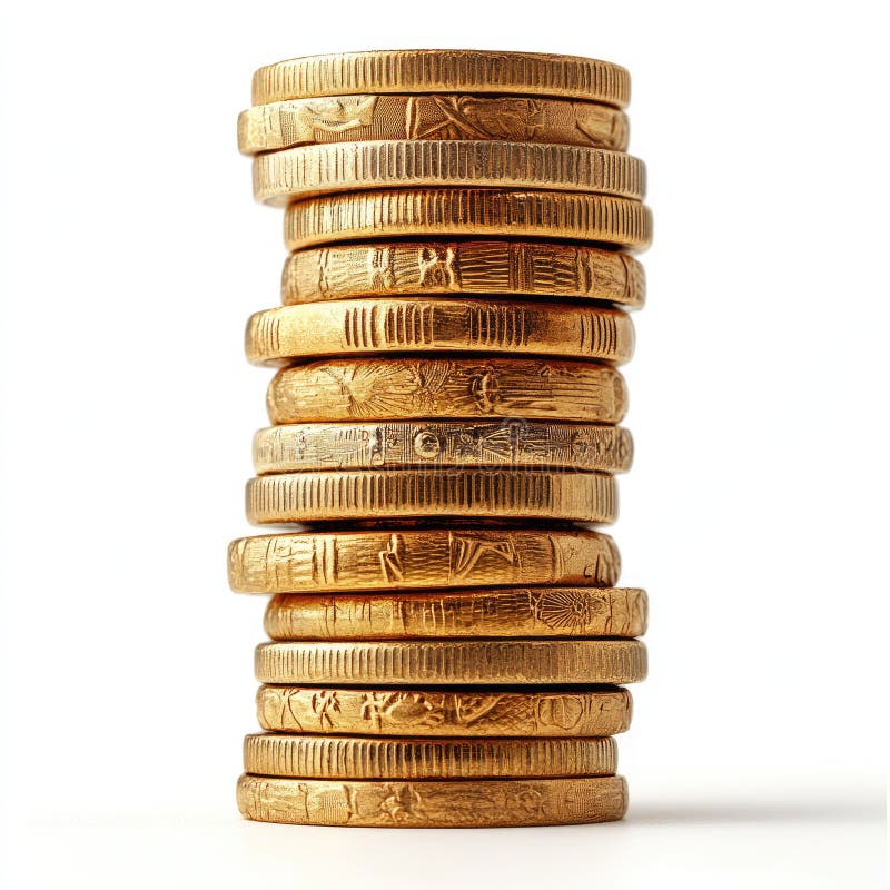 Tall Stack of Golden Coins Isolated on White Background Stock Image ...