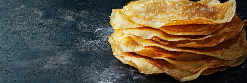 A Tall Stack of Golden Crepes Rests Elegantly on a Dark Stone Surface ...
