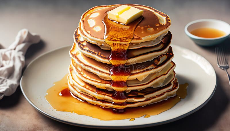Tall Stack of Huge Fluffy Pancakes Covered in Maple Syrup and Butter ...