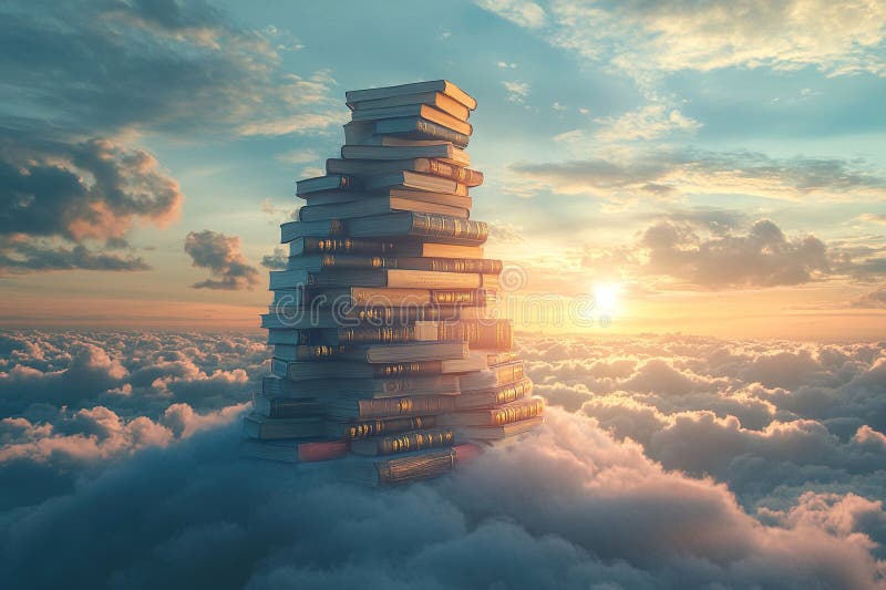 A Tall Stack of Many Different Books Rises in the Sky Above the Clouds ...