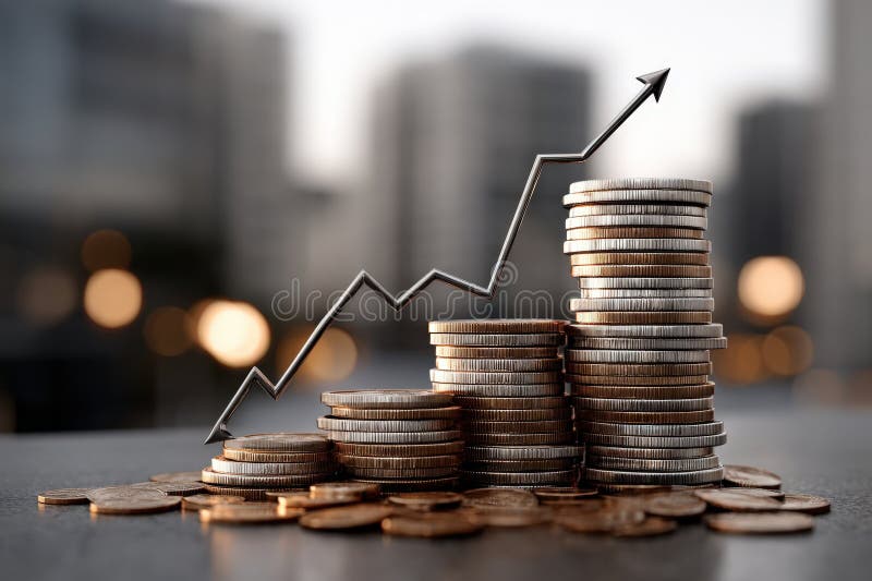 A Tall Stack of Shiny Coins with a Clear Arrow Pointing Upwards Stock ...
