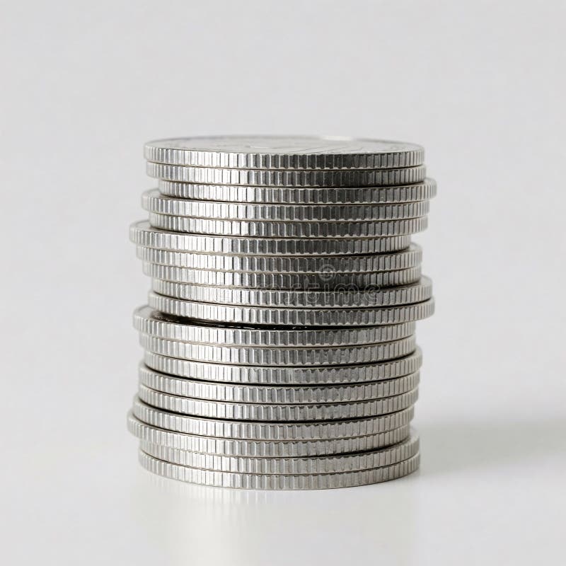 Tall Stack of Silver Coins with Ribbed Edges Neatly Piled on Top of ...