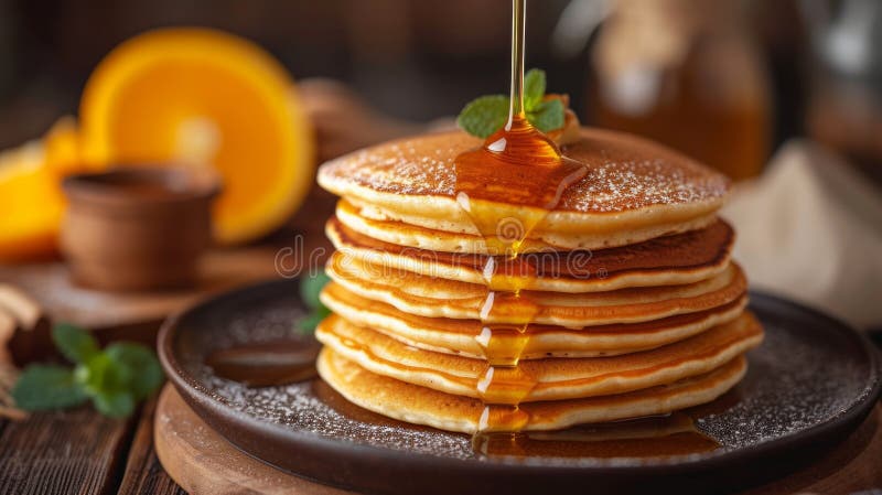Tall Stack of Thick Pancakes with Honey Stock Photo - Image of snack ...
