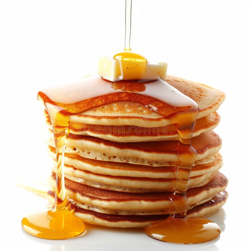 Tall Stack of Thick Pancakes with Honey Isolated Stock Photo - Image of ...