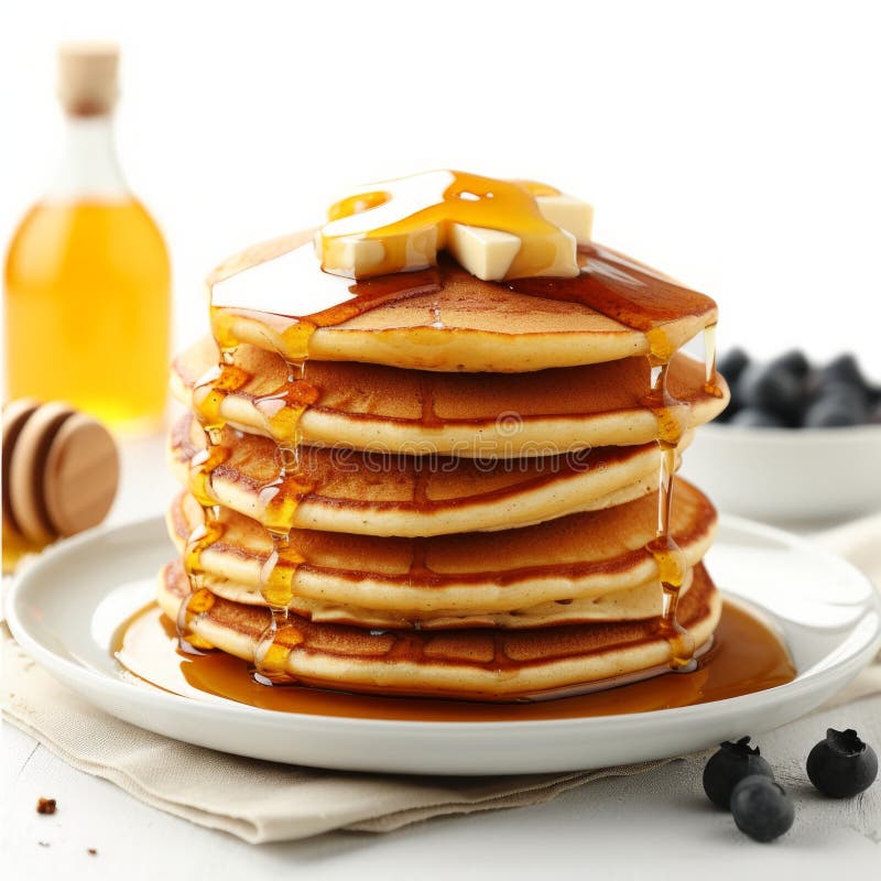 Tall Stack of Thick Pancakes with Honey Isolated Stock Image - Image of ...