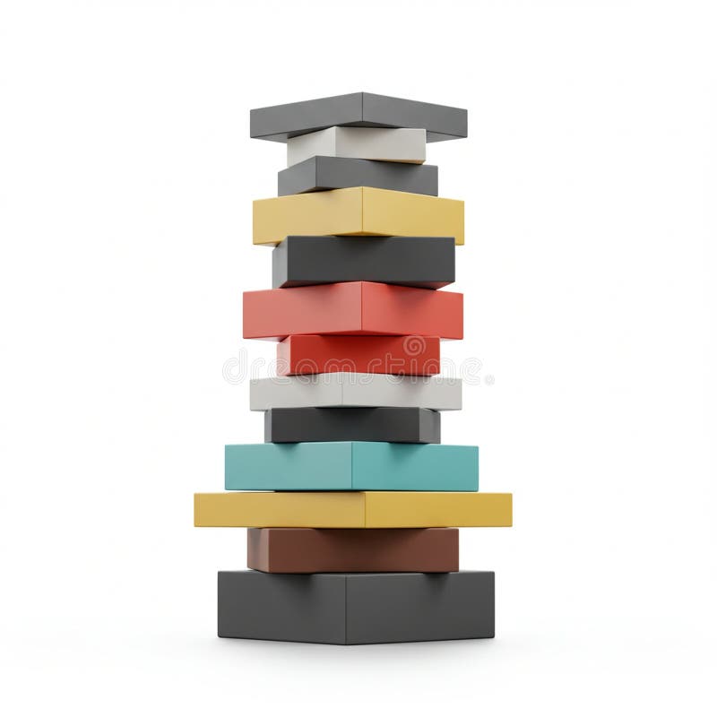 A Tall Stack of Variously Colored Rectangular Boxes Precariously Balanced on Each Stock ...