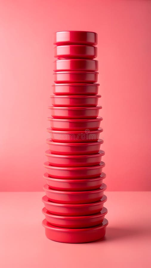 A Tall Stack of Vibrant Red Plastic Cups on a Matching Pink Background ...