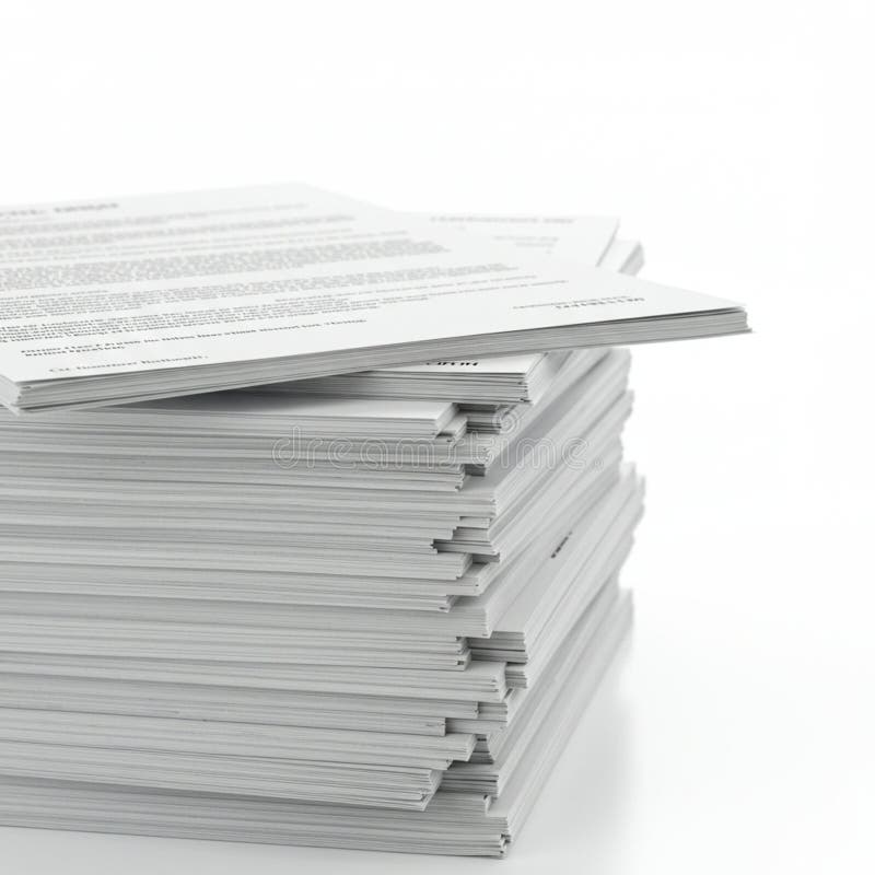 A Tall Stack of White Paper Documents with Printed Text in a Serif Font ...