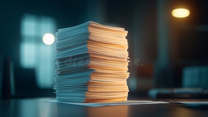 Tall Stack of White and Yellowed Papers Sits on Dark Wooden Table ...