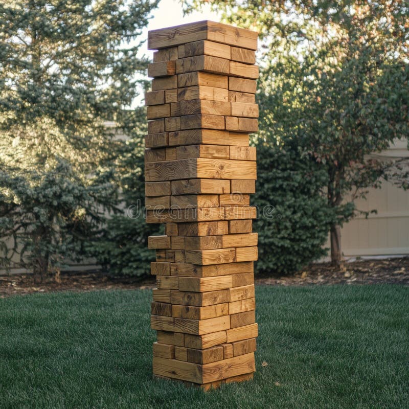 A Tall Stack of Wooden Blocks in a Grassy Yard Stock Illustration ...