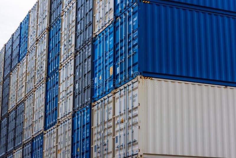 Tall Stacks of Grey and Blue Shipping Containers.. Editorial Image ...