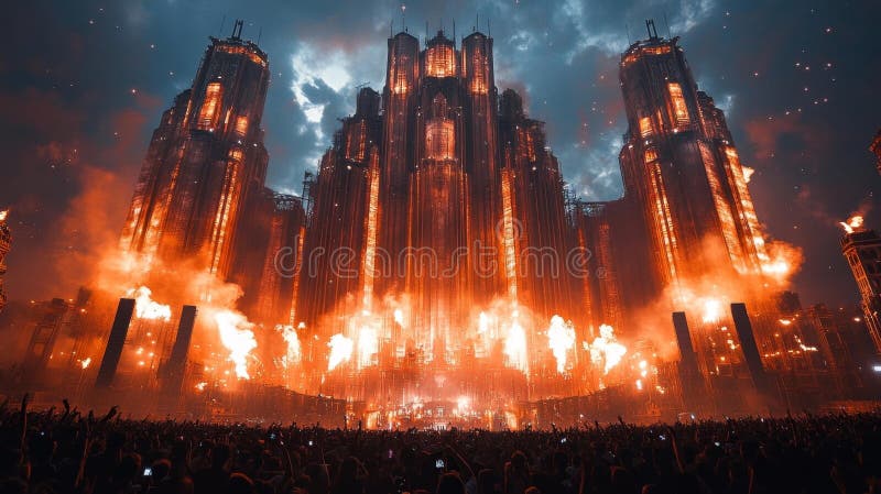 A Tall Stage with Performers Energizing the Crowd in a Fiery Scene ...