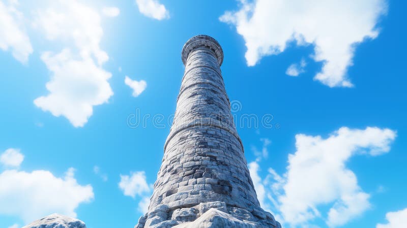 Tall Stone Tower Rises Against Bright Blue Sky, Surrounded by Fluffy ...