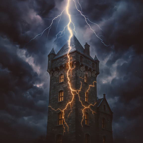 Tall Stone Tower Struck by Lightning during Storm Castle Building Stock ...