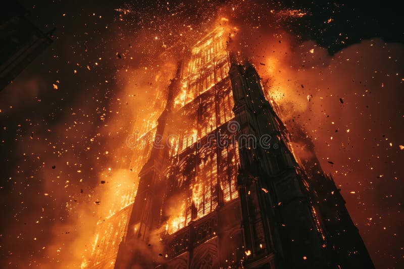 A Tall Structure Ablaze with Flames Emerging from it during the Night ...