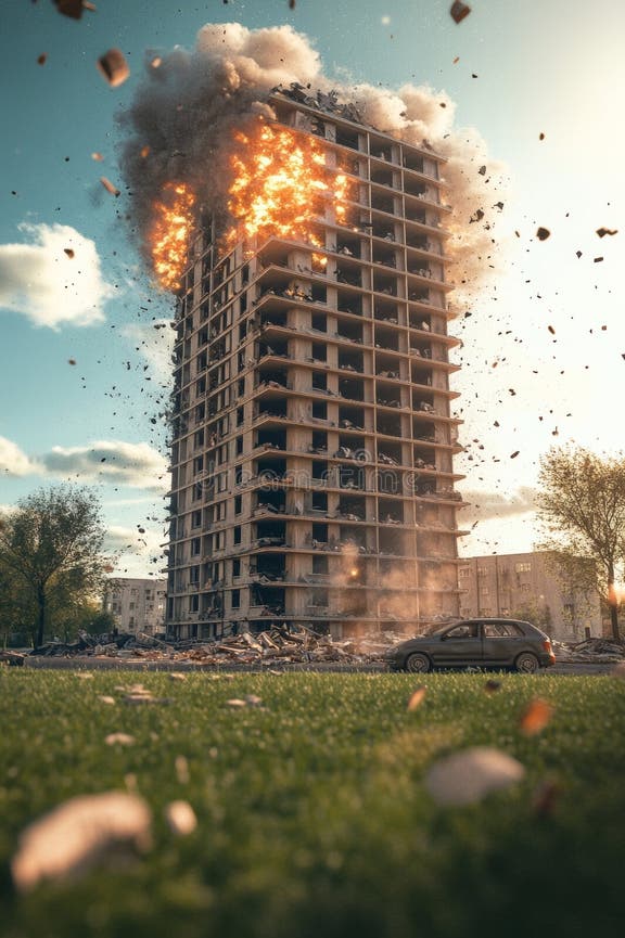 The Tall Structure Was Demolished in an Explosive Inferno. Stock Photo ...