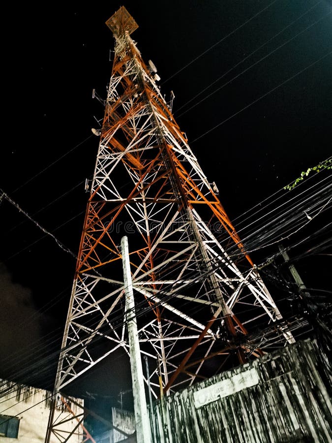 Tall Telecommunication Tower at Night Stock Image - Image of ...