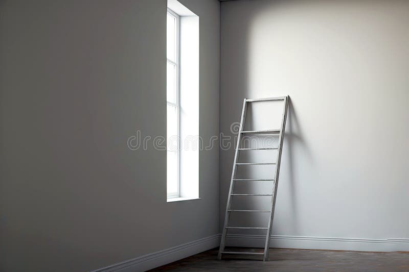 Tall Thin Grey Step Ladder Against Wall in Empty House Stock ...