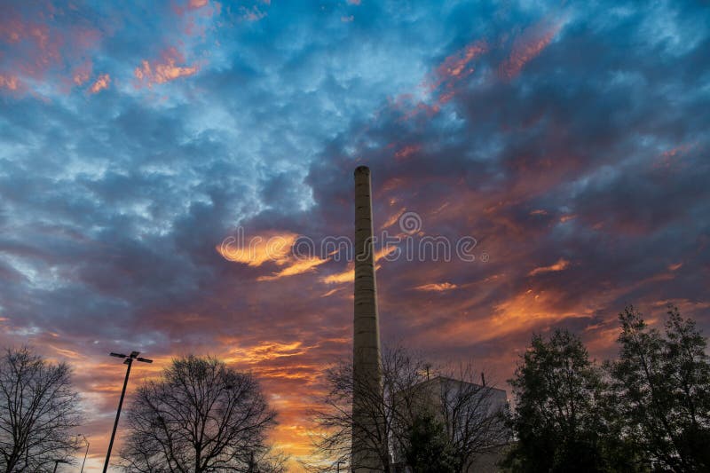 A Tall Thin Smoke Stack Surrounded by Bare Winter Trees and Lush Green ...