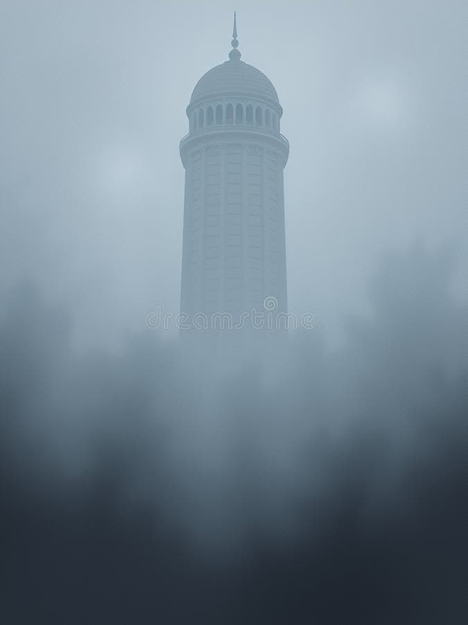 A Tall Tower Peeks through the Dense Fog Stock Illustration ...