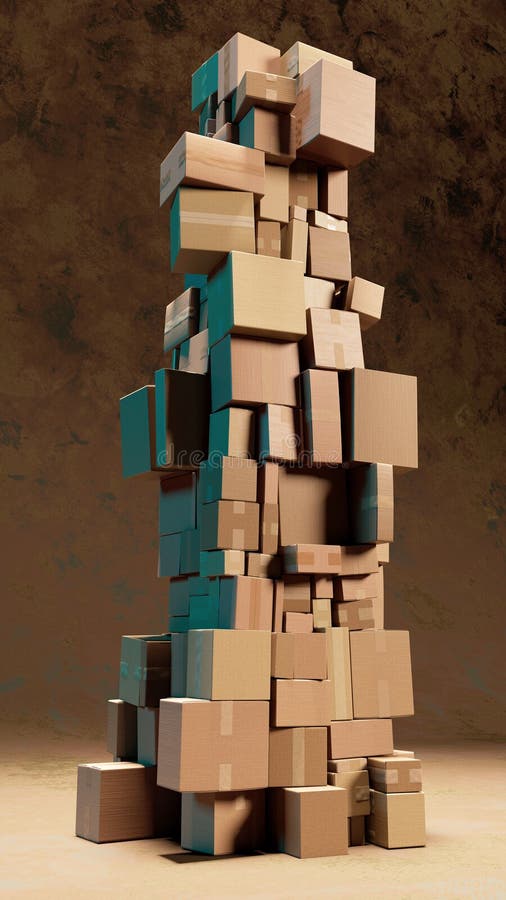 Tall Tower of Stacked Cardboard Boxes Against a Rustic Background Stock ...