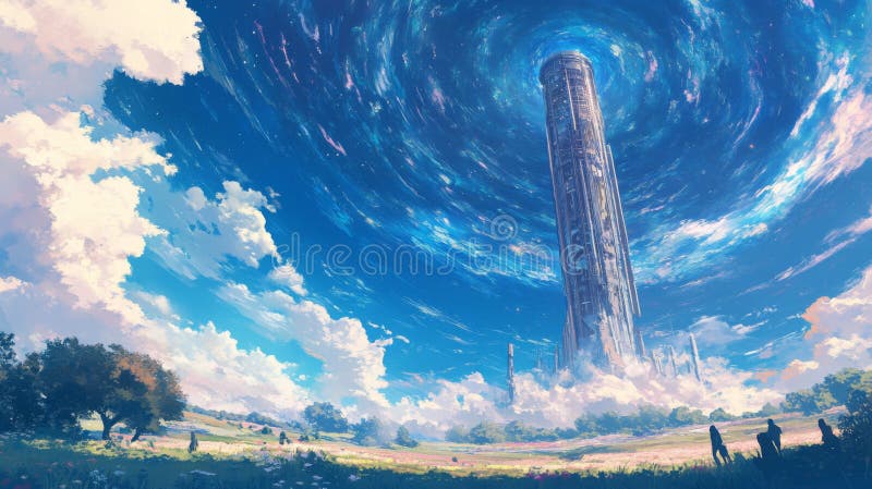 Tall Tower in a Starry Sky Over a Flower Field Stock Illustration ...